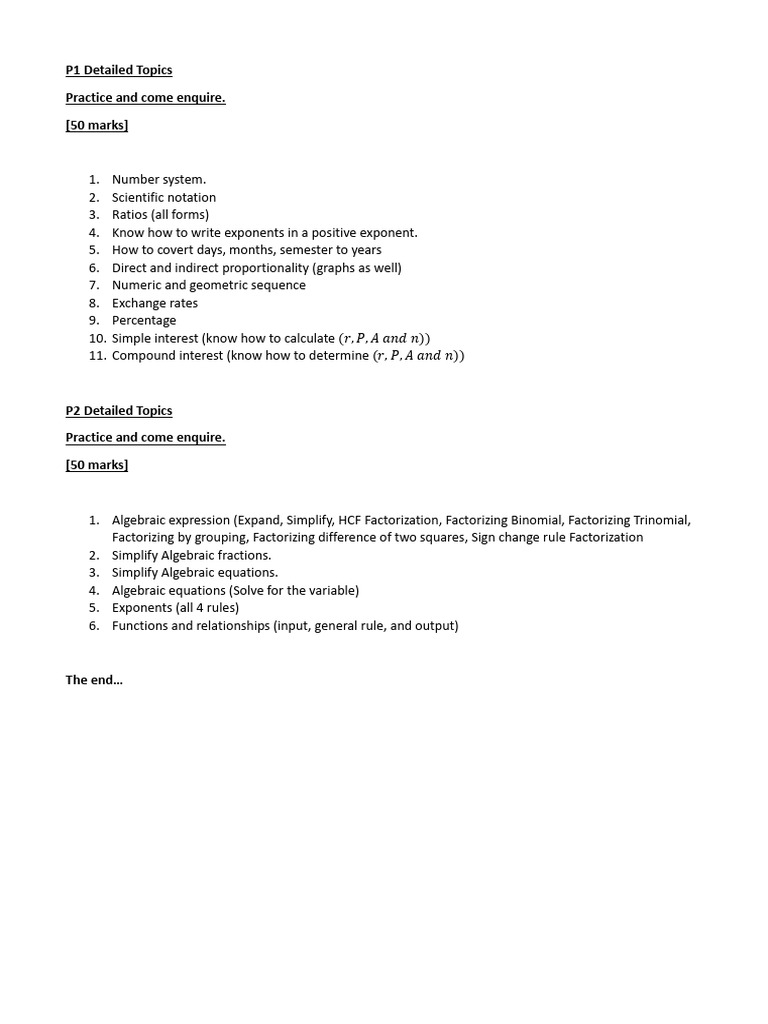 P1 & P2 Math June 2024 Exam Detailed Topics | PDF