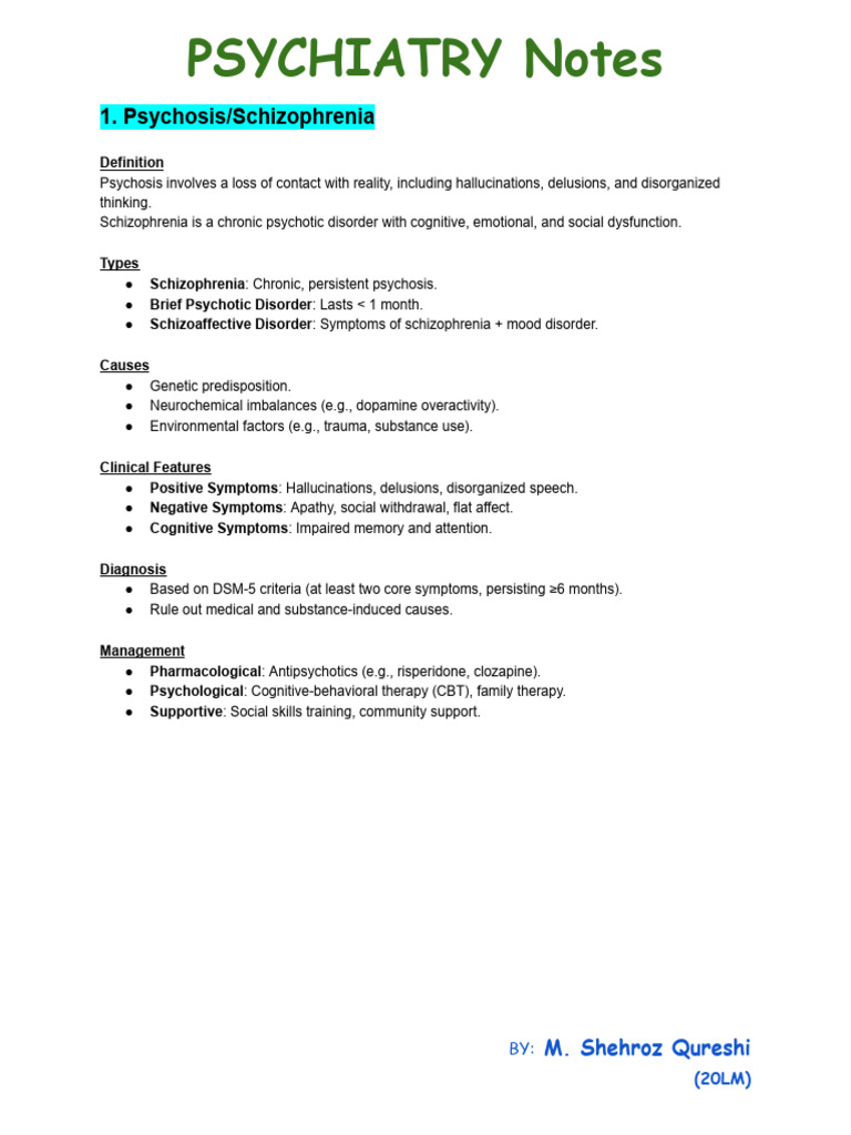 PSYCHIATRY Notes (Summary) | PDF | Psychosis | Symptoms And Signs