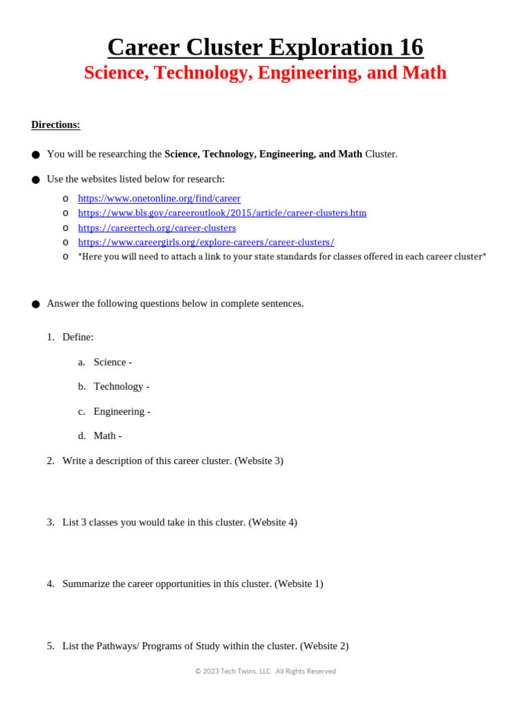 Dallas Fiedler - Career Cluster Exploration 16 - STEM | PDF