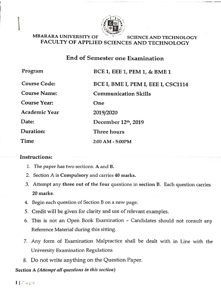 Communication Skills End of Sem 19-20 | PDF