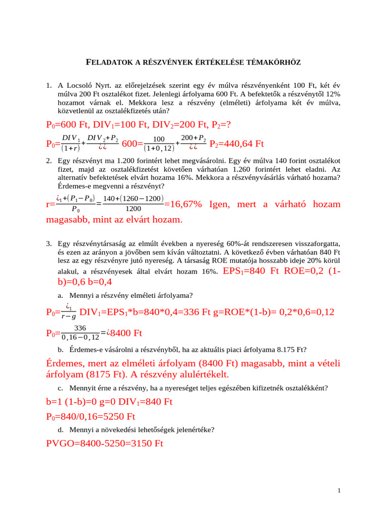 Részvények Megoldott | PDF