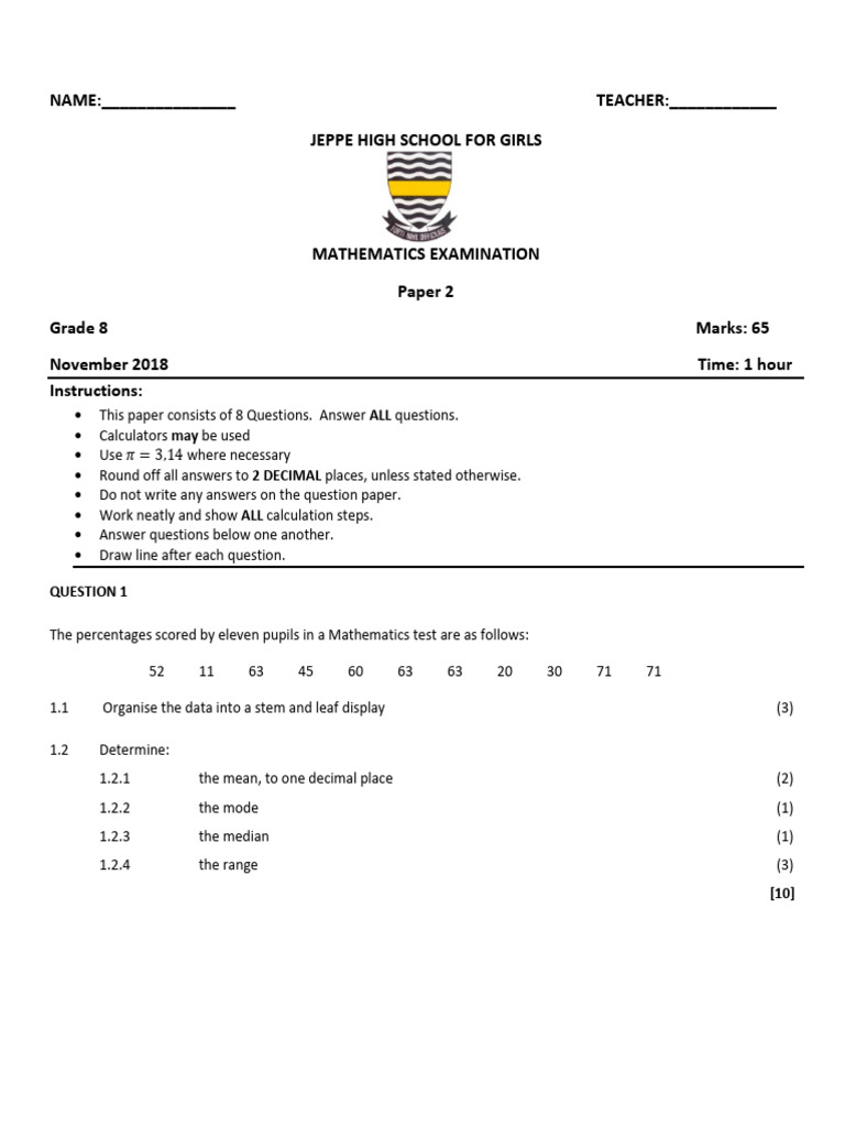 Gr8 Maths Paper2 Nov 2018 | PDF | Area | Elementary Geometry