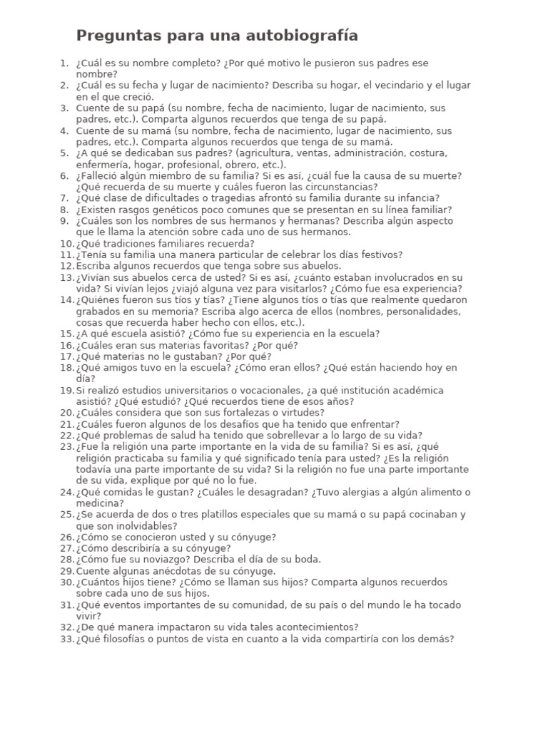 Preguntas para escribir una autobiografía | PDF