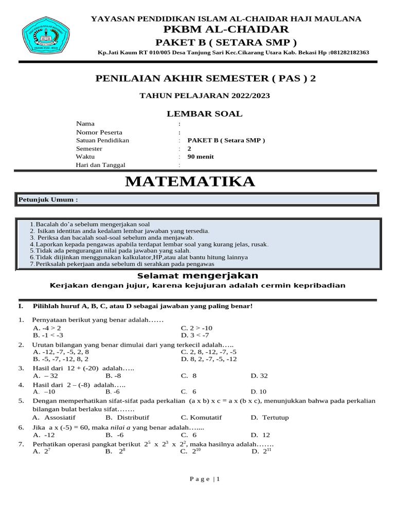 Paket B Soal MTK - 2023 | PDF
