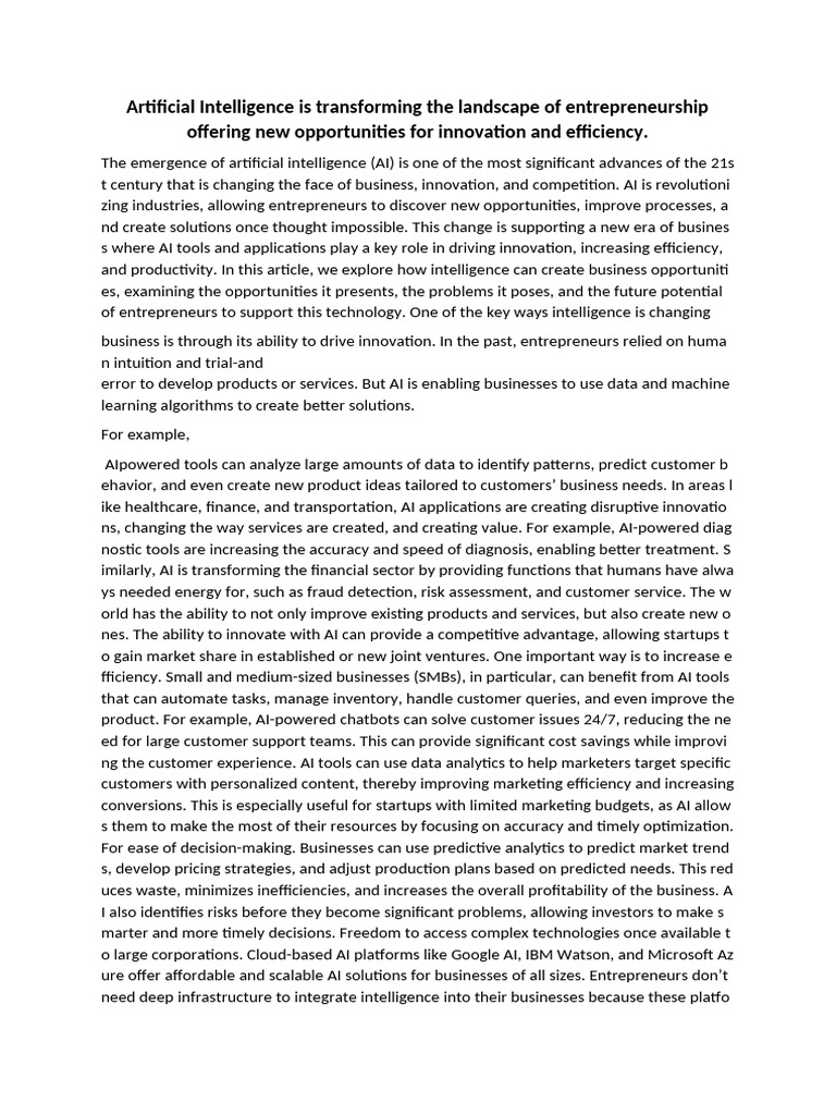 Artificial Intelligence Is Transforming The Landscape of Entrepreneurship Offering New ...