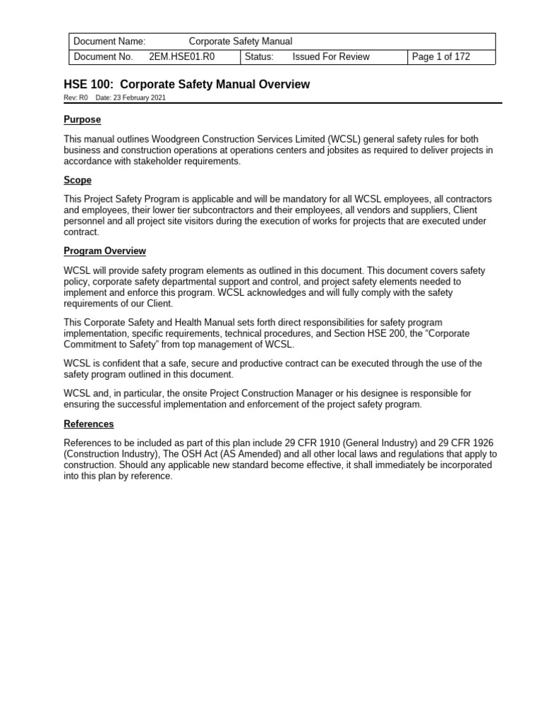 2EM - HSE01.R00 - WCSL Corporate Safety Manual | PDF | Personal ...