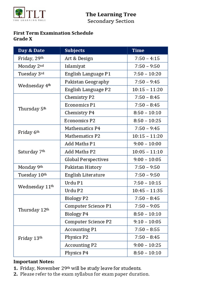 Grade X - First Term Exam Schedule & Syllabus | PDF | Agriculture | Mathematics