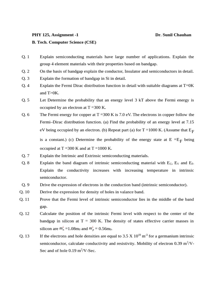 Assignment 1 PHY125 2025 | PDF | Semiconductors | Electrical Resistivity And Conductivity