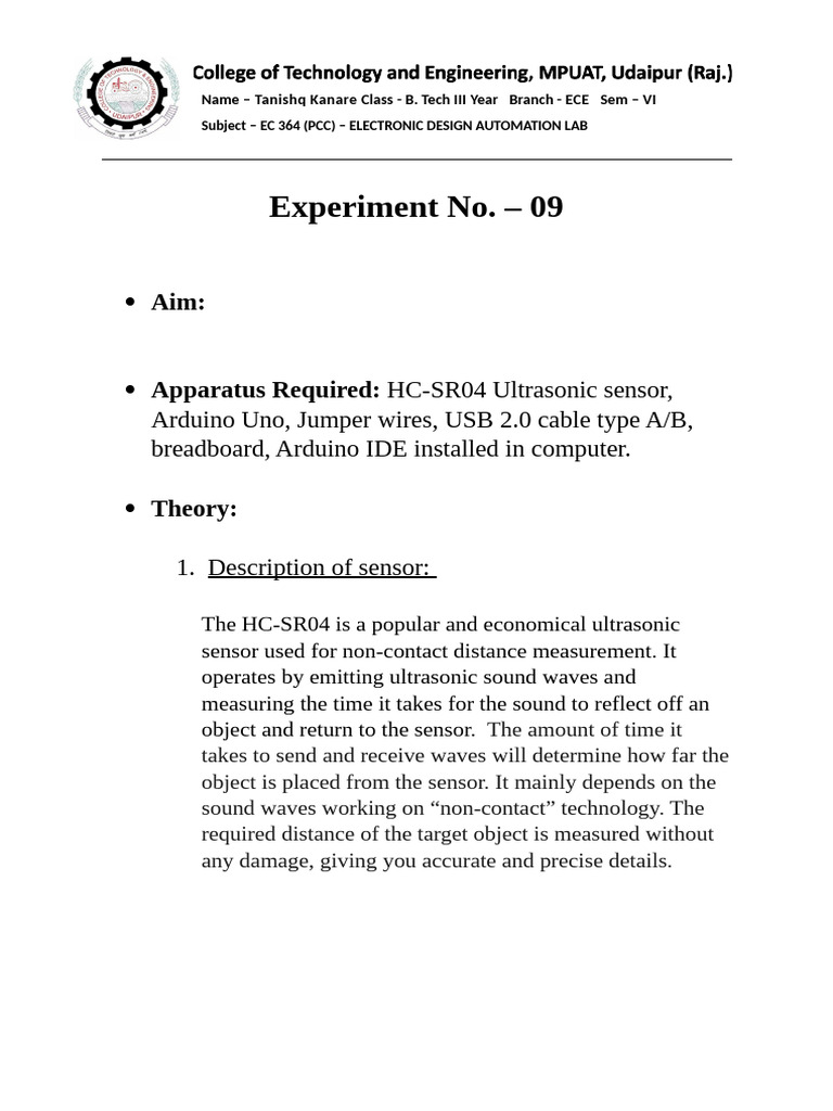 Tanishq Kanare EDA - Report - Format | PDF | Ultrasound | Arduino