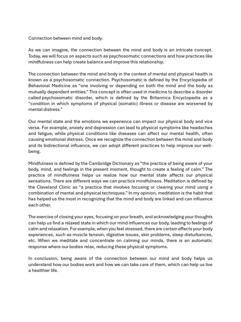 Mind-Body Connection and Mindfulness | PDF | Mindfulness | Mental Health