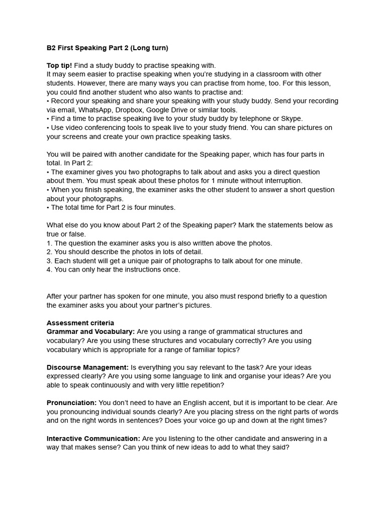 B2 Introduction Speaking Part 2 | PDF | Vocabulary | Question