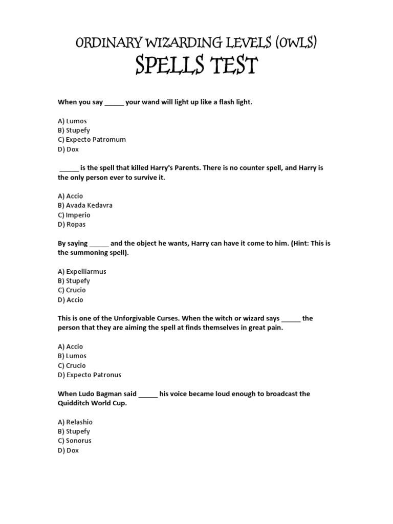 OWLs Spells Test for Harry Potter Fans | PDF