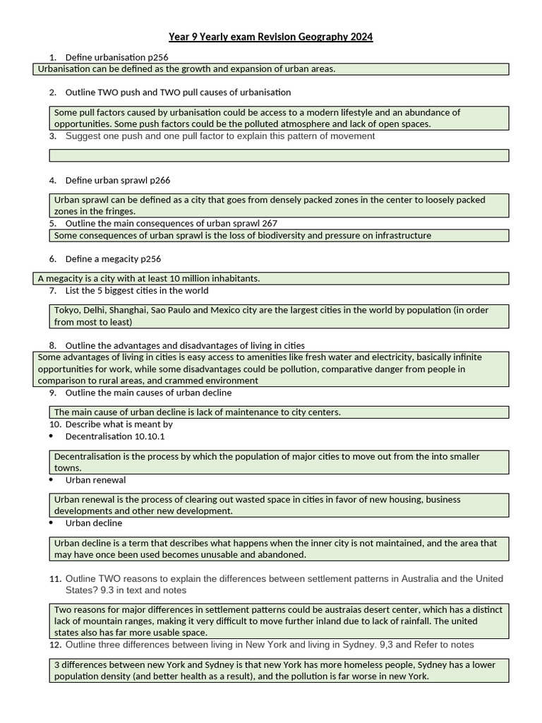Year 9 Geography Exam Revision Guide | PDF | Urbanization | Human Migration