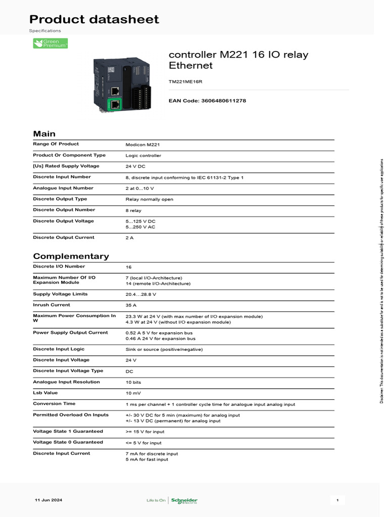 Schneider Electric Logic Controller Modicon M221 TM221ME16R | PDF ...