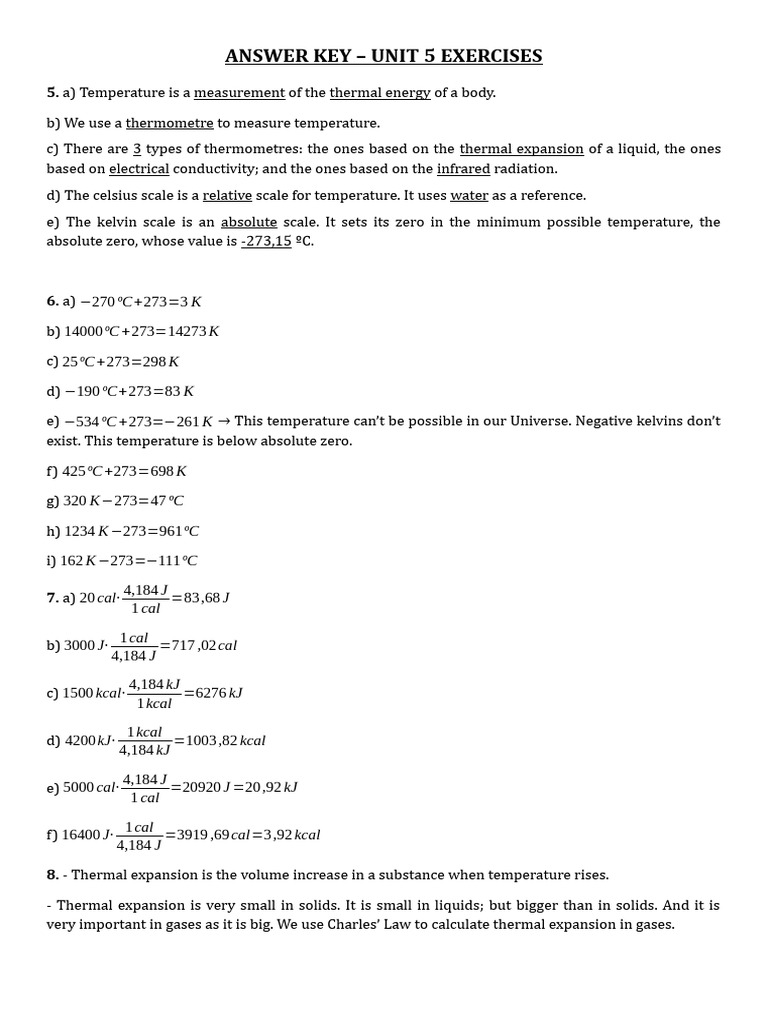 U 5 Answer Key For Exercisessss | PDF | Temperature | Heat