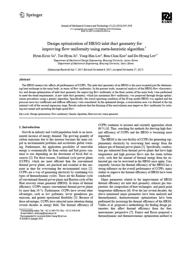 Design Optimization of HRSG Inlet Duct Geometry For Improving Flow Uniformity Using Meta ...