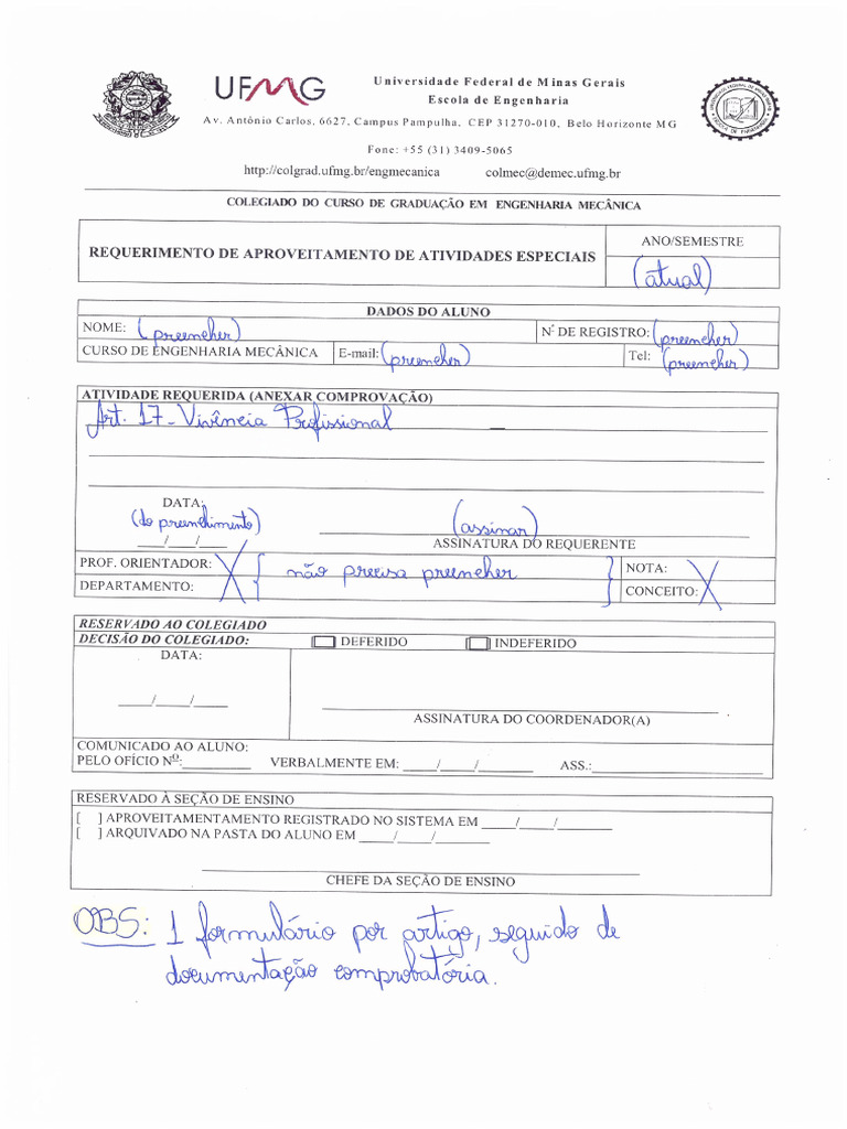Modelo Formulario Aproveitamento Preenchido | PDF