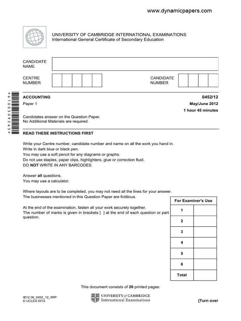 IGCSE Accounting Exam Paper 0452/12 | PDF | Book Value | Depreciation