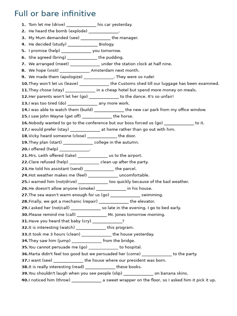 Full or Bare Infinitive Exercise | PDF | Language Arts & Discipline