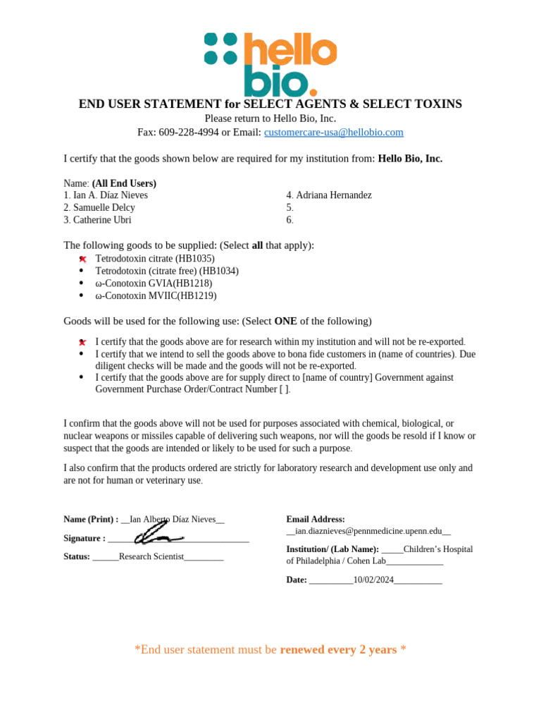 END USER STATEMENT For All Toxins | PDF