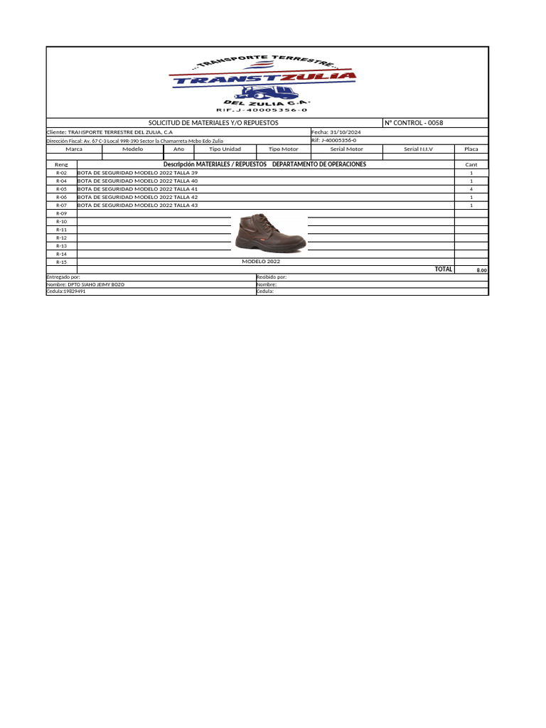 Solicitud de Materiale (Botas de Seguridad Dpto. Operaciones) .0058 | PDF
