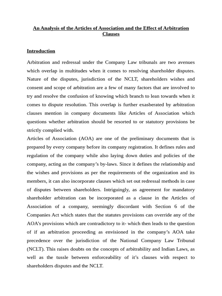 An Analysis of The Articles of Association and The Effect of ...