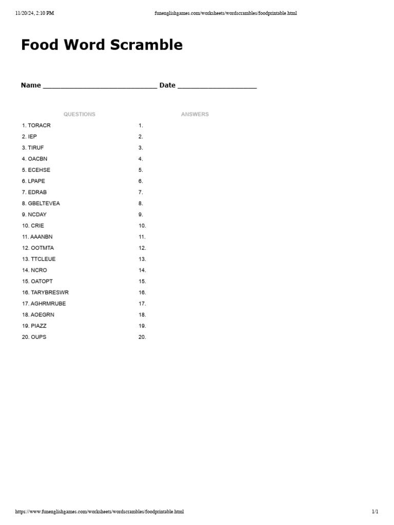 Worksheets Wordscrambles Foodprintable - HTML | PDF | Science & Mathematics