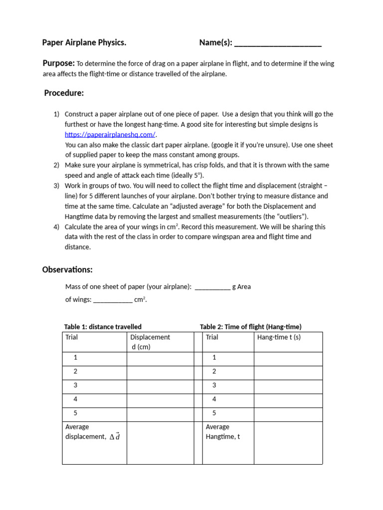 Paper Airplane Physics | PDF | Force | Velocity