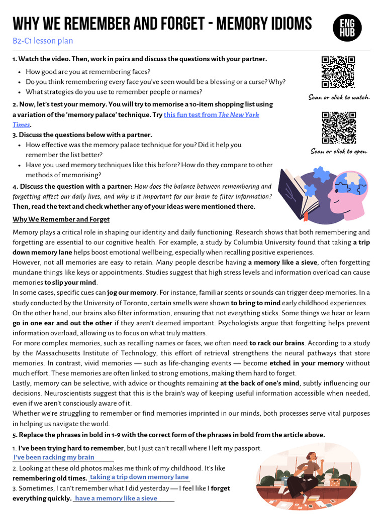 B2-C1 Why We Remember and Forget - Memory Idioms A4 Worksheet TV | PDF | Memory | Recall (Memory)