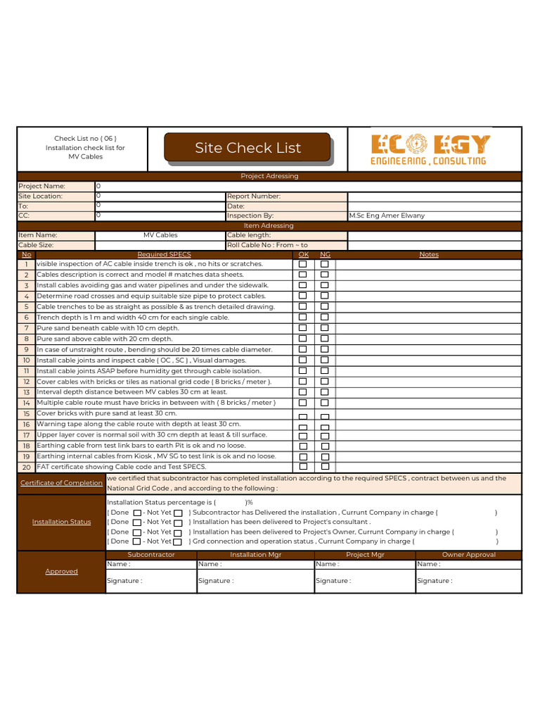 MV Cable Routing Check List | PDF | Brick