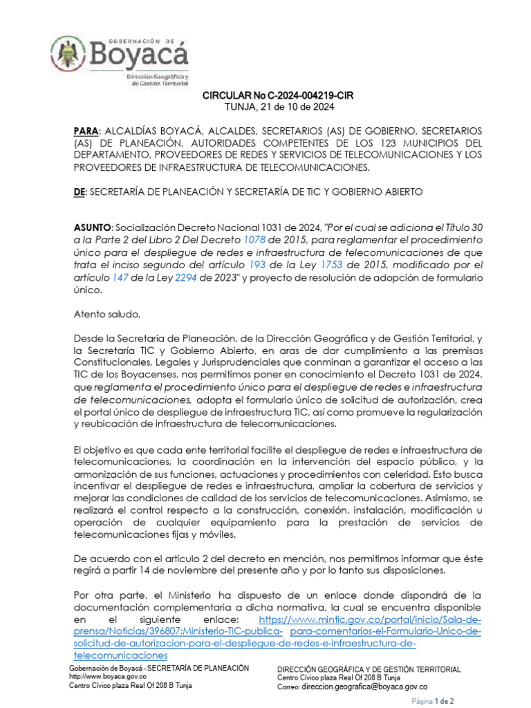 Circular C-2024-0004219-CIR - Decreto 1031 - 2024 | PDF | Telecomunicaciones
