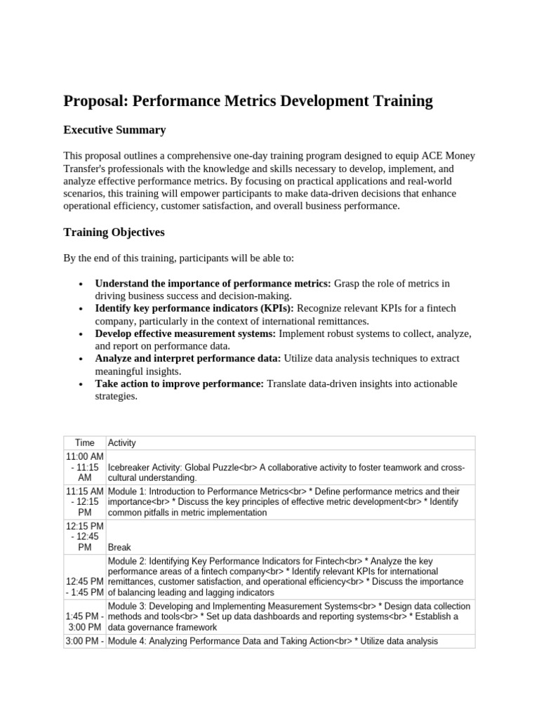 Performance Metrics Training Proposal | PDF | Performance Indicator | Data