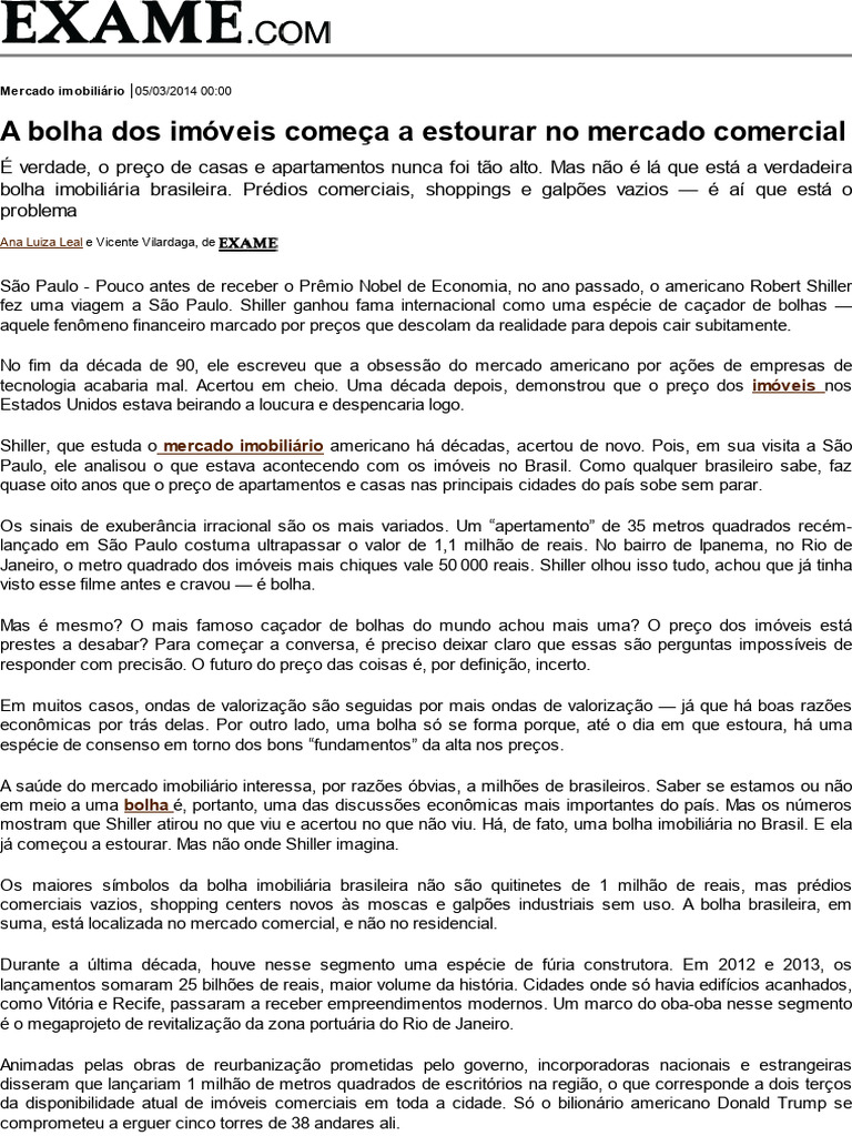 A Bolha Dos Imóveis - Revista Exame | PDF | Economia | São Paulo