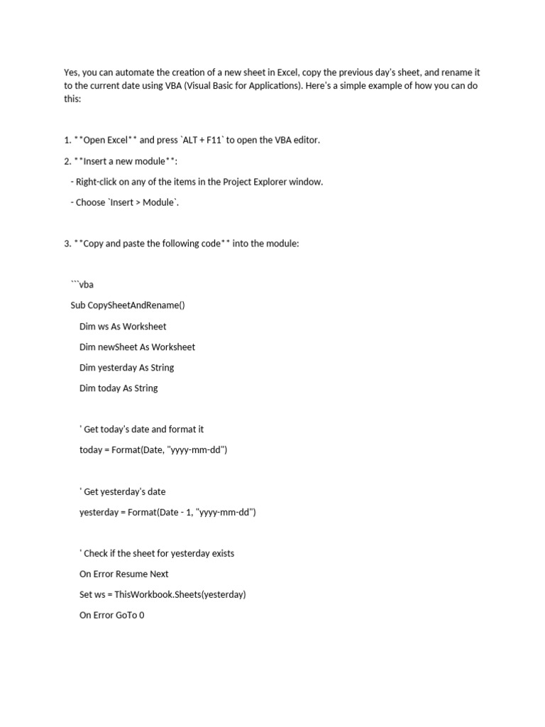 How To Automatically Create New Sheet in Excel Daily | PDF | Computers