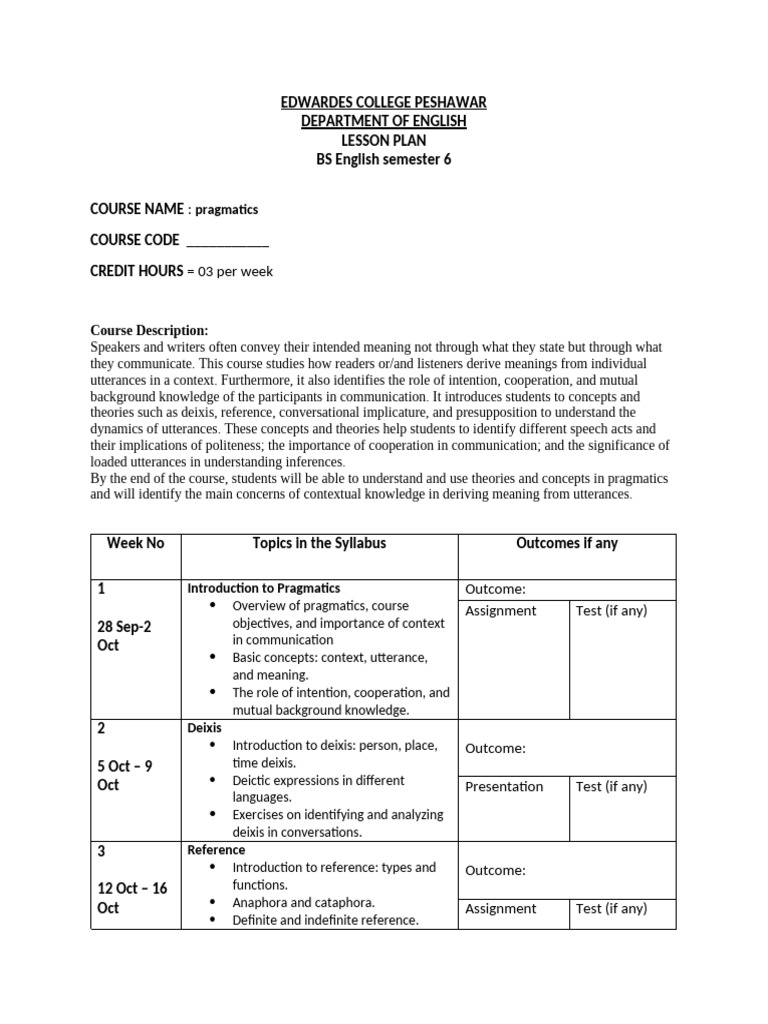 Pragmatics Course Lesson Plan | PDF | Human Communication | Linguistics