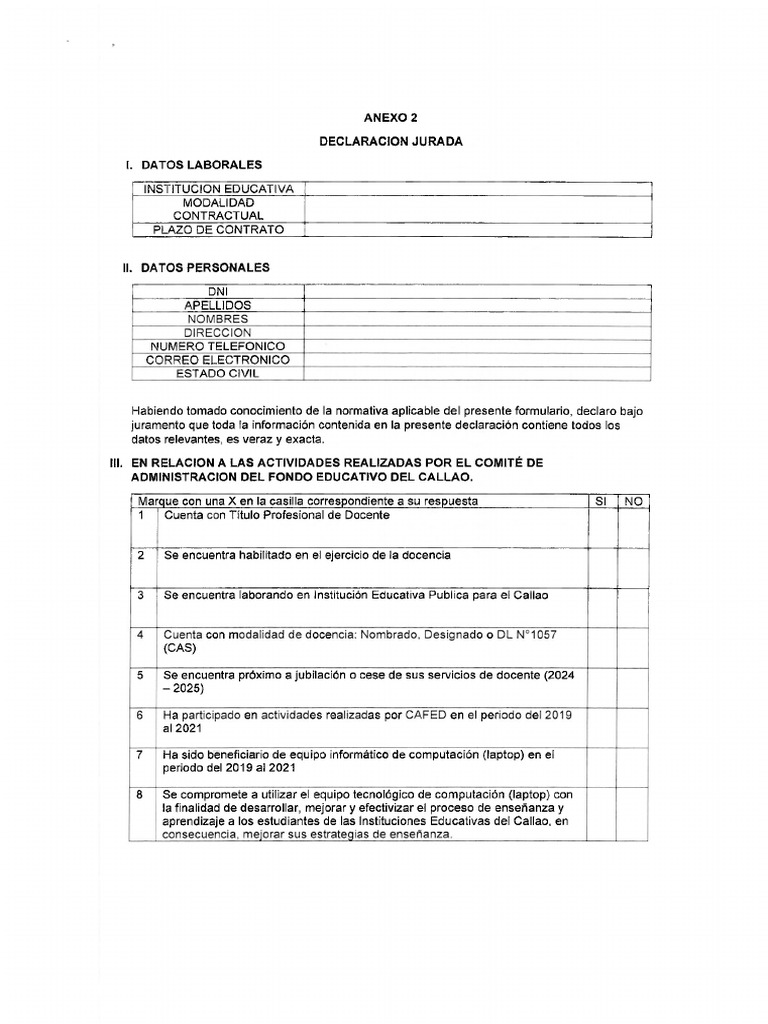 Anexo 2 - Declaración Jurada | PDF