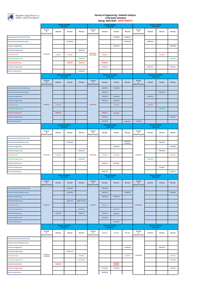 FOE-Final Exam Schedule - Spring 2023-2024 | PDF | Engineering | Mechanical Engineering