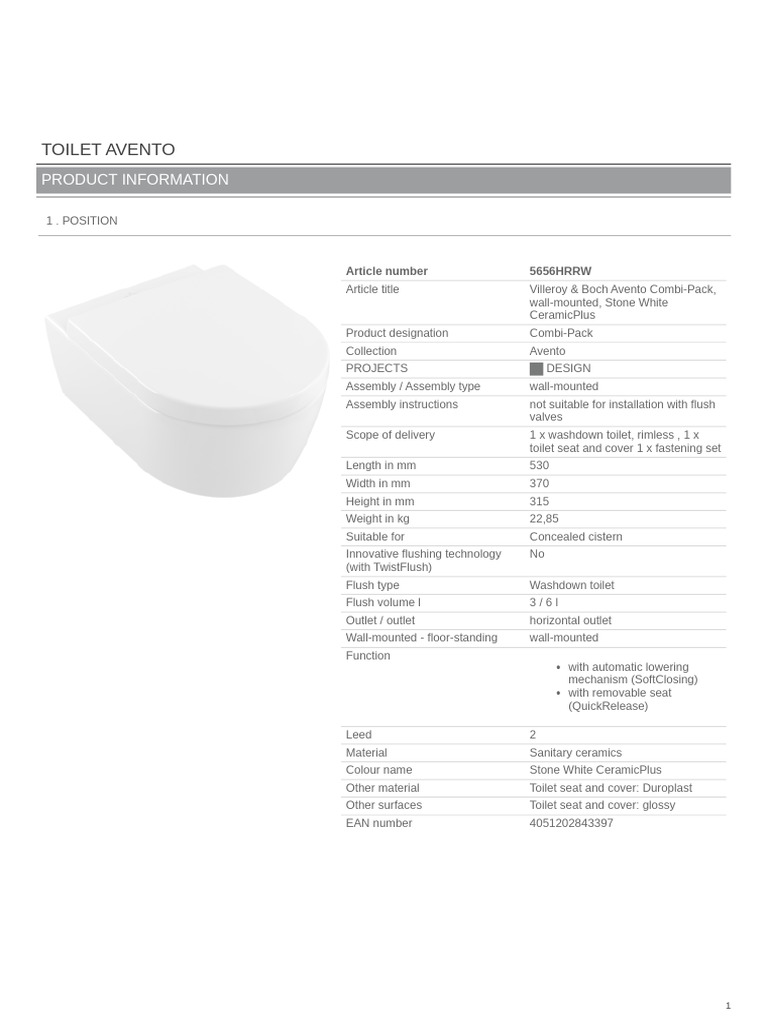 Technical Data GB EN 5656HR 5656HRRW | PDF | Toilet