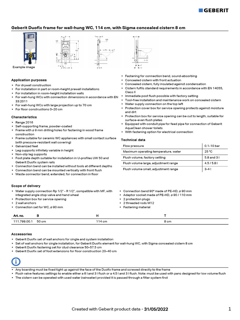 Geberit Duofix Element For Wall Hung Wc 114 Cm With Sigma Concealed
