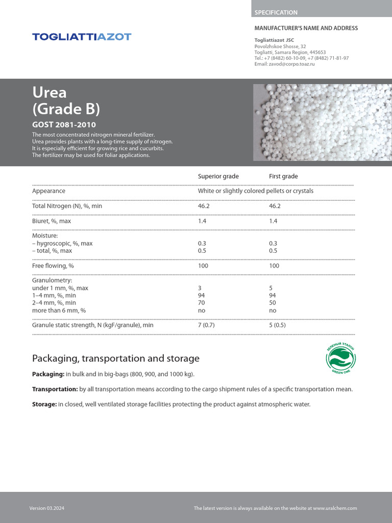 Urea Grade B Specifications | PDF | Fertilizer | Urea