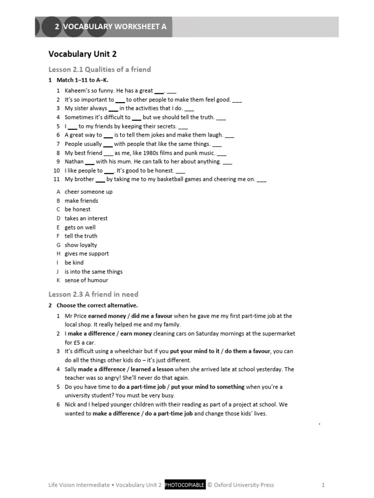 LV Int U2 Vocabulary Worksheet A | PDF