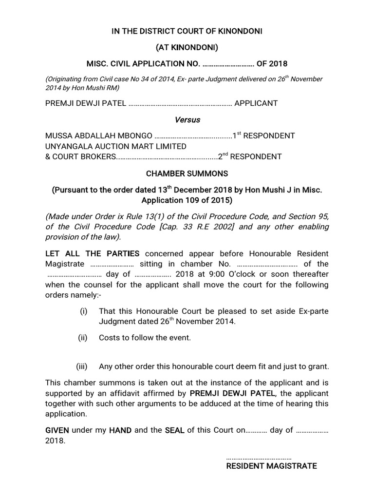 CHAMBER SUMMONS - PREMJI DEWJI 2018 Final-Aggrey | PDF | Lawsuit | Ex Parte