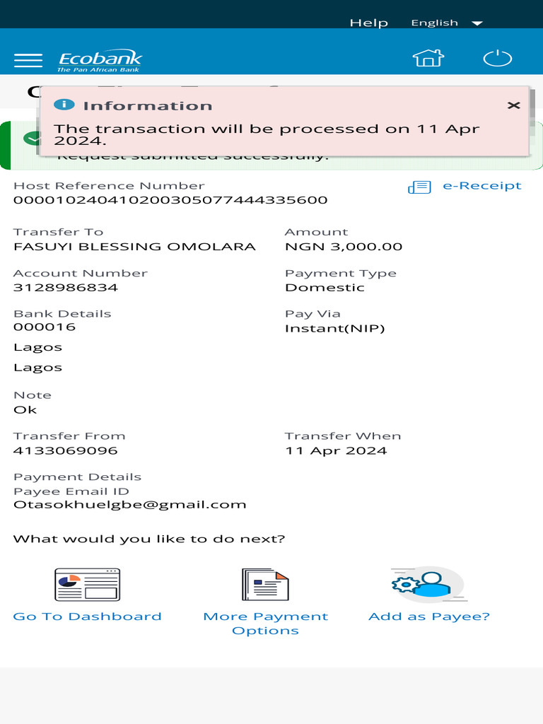 One Time Transfer - Ecobank | PDF