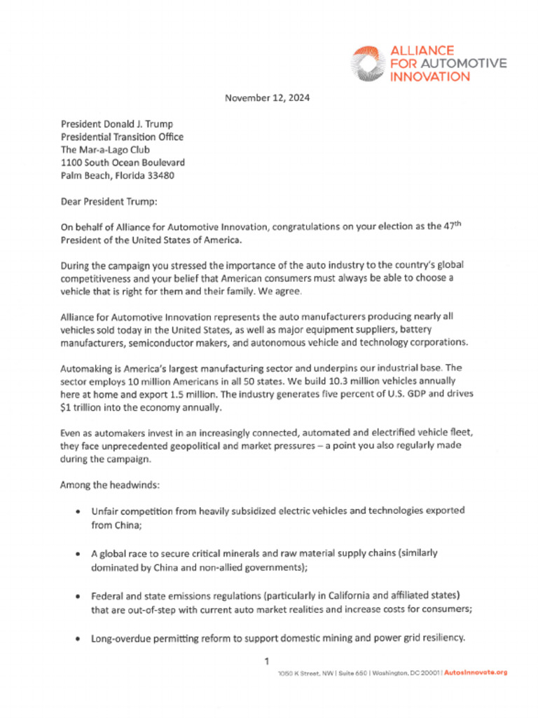 Alliance For Automotive Innovation - Letter To President Donald Trump ...