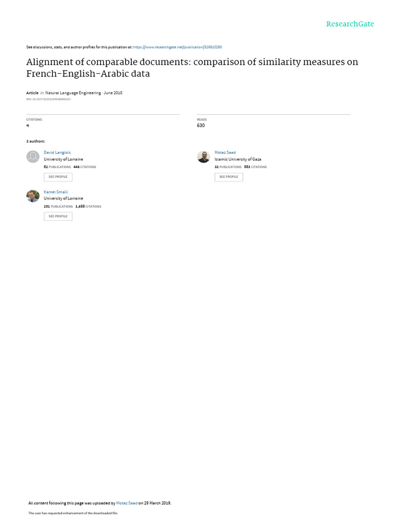 Alignment of Comparable Documents Comparison of Similarity Measures On Frenchenglisharabic Data ...