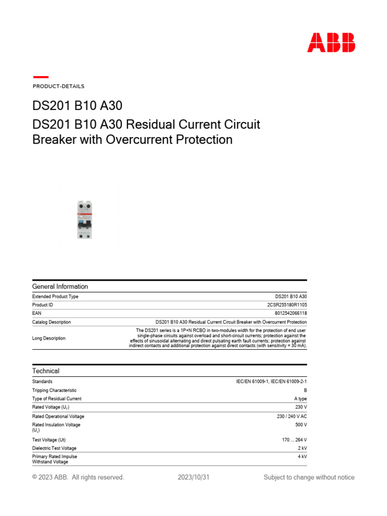 DS201 B10 A30 RCBO Circuit Breaker | PDF | Electrical Engineering | Power (Physics)