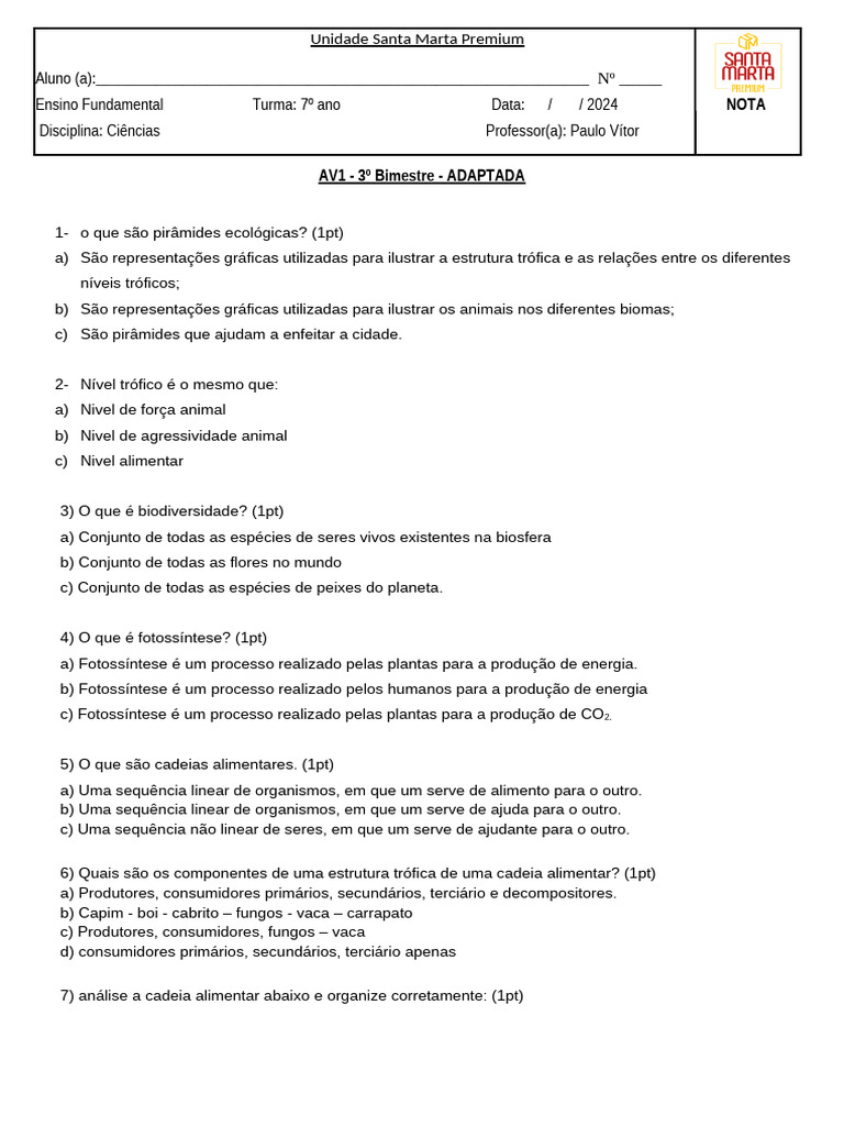 7 Ano AV1 3bi Ciências - Adaptada | PDF