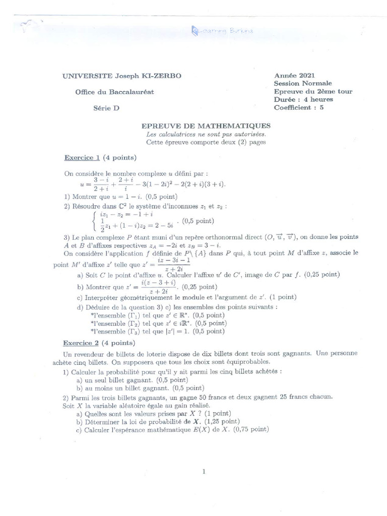 BAC2021-2ndTour D Maths | PDF