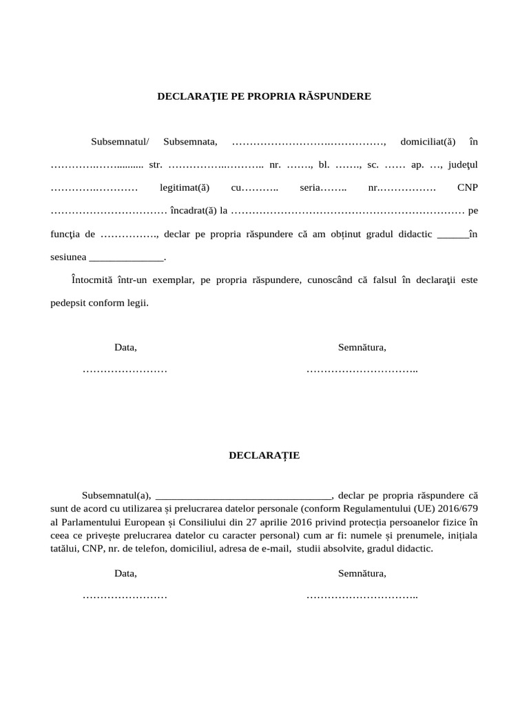 07 Model Declaratie Pe Propria Raspundere Cadre Didactice - 0 | PDF