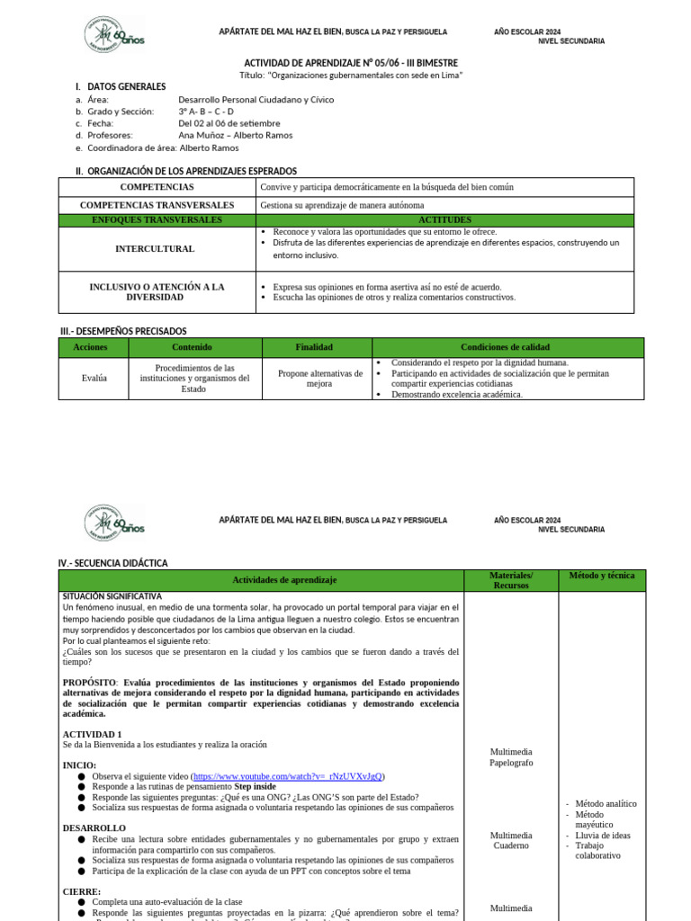 5° Sec - Actividad de Aprendizaje 05-06 - DPCC Iii Bim | PDF | Aprendizaje | Modificación de ...